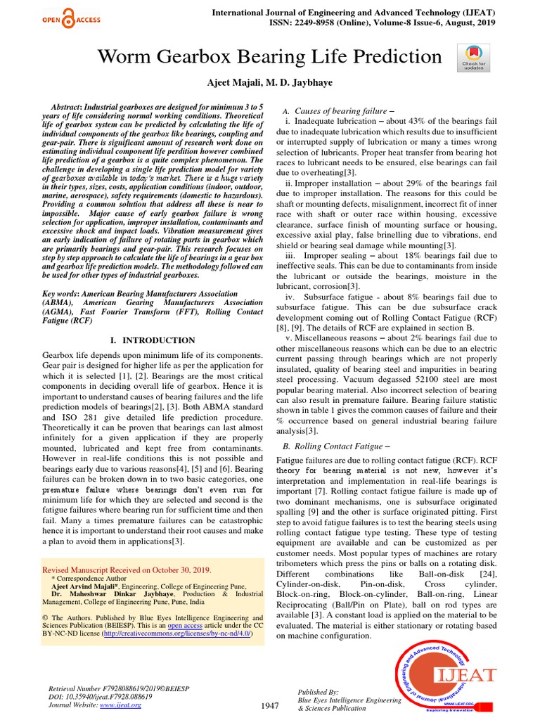 Worm Gearbox Bearing Life Prediction | PDF | Bearing (Mechanical ...