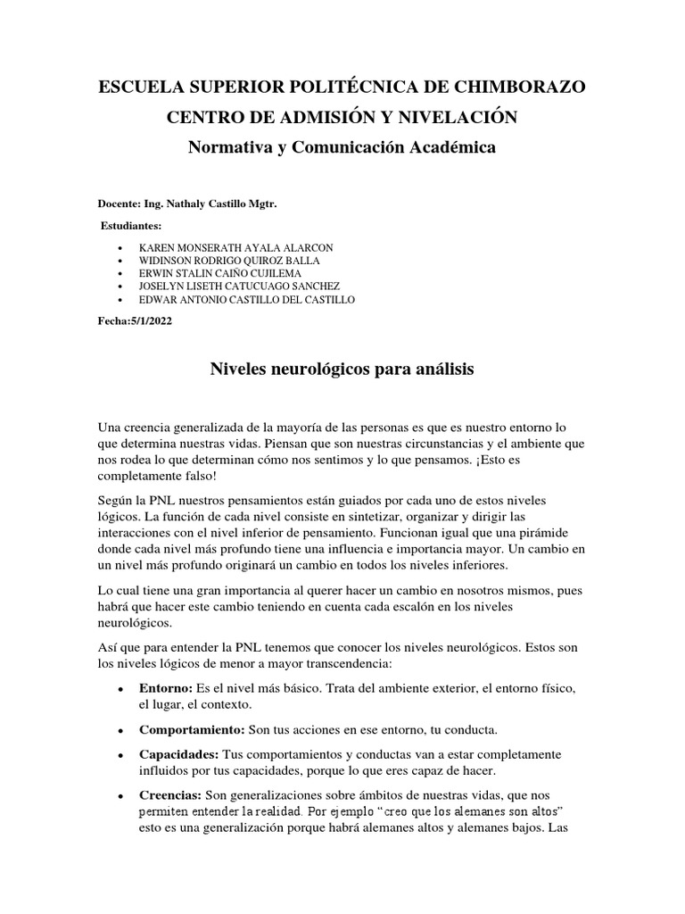 Niveles Neurológicos para Análisis | PDF | Comportamiento | Cognición Niveles Neurológicos para Análisis | PDF | Comportamiento | Cognición