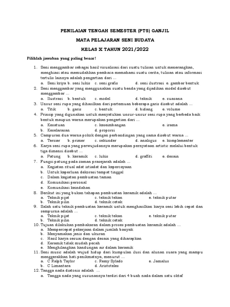 SOAL PTS X Seni Budaya Ganjil 2122 | PDF