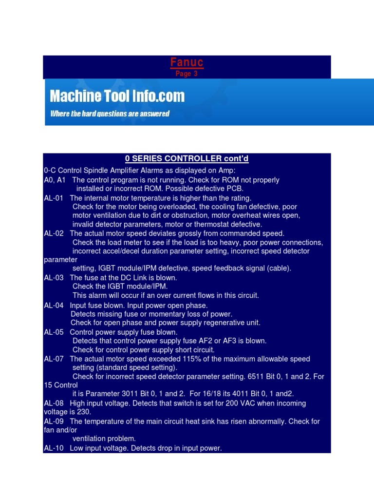 Fanuc 0 Series Controller Spindle Amplifier Alarms | PDF | Power Supply ...