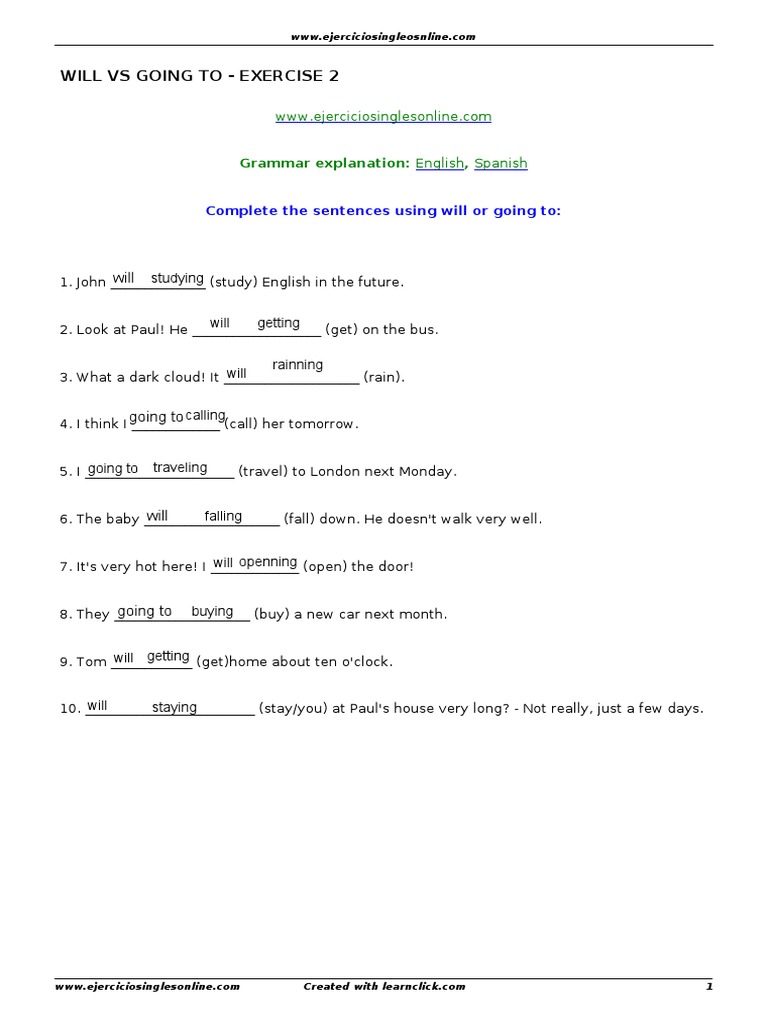 WILL VS GOING TO - EXERCISE 2completo | PDF