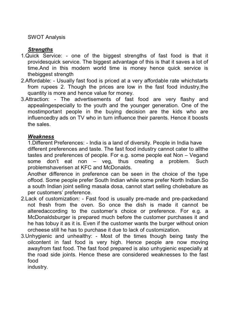 SWOT Analysis | Fast Food | Hygiene
