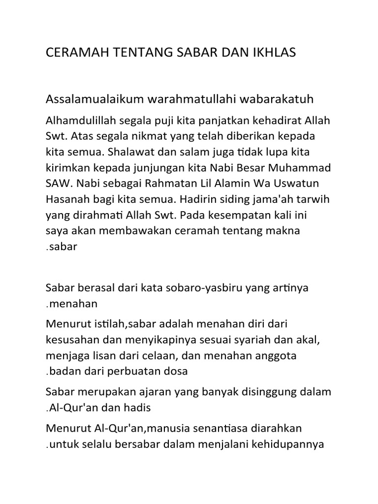 Ceramah Tentang Sabar Dan Ikhlas | PDF