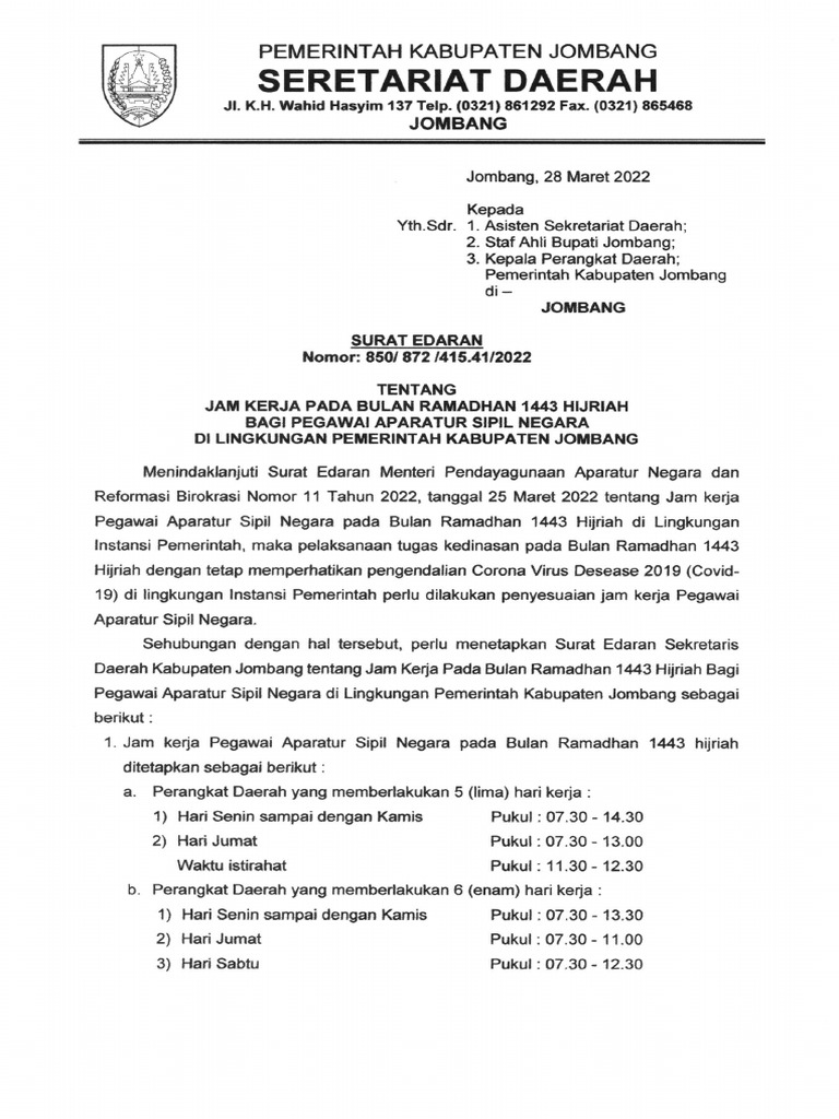 Surat Edaran Jam Kerja Bulan Ramadhan 1443 Hijriah | PDF