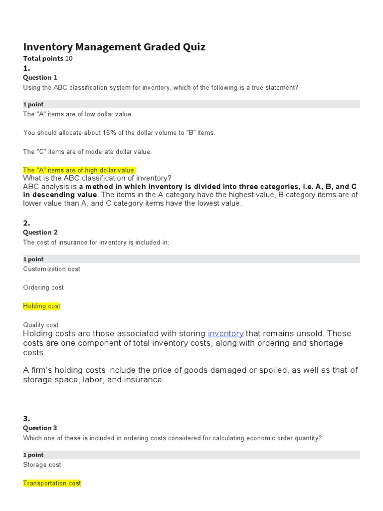 Week 3 Coursera - Inventory Management Graded Quiz | PDF | Inventory ...