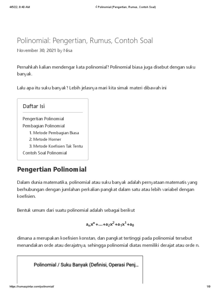Polinomial (Pengertian, Rumus, Contoh Soal) | PDF