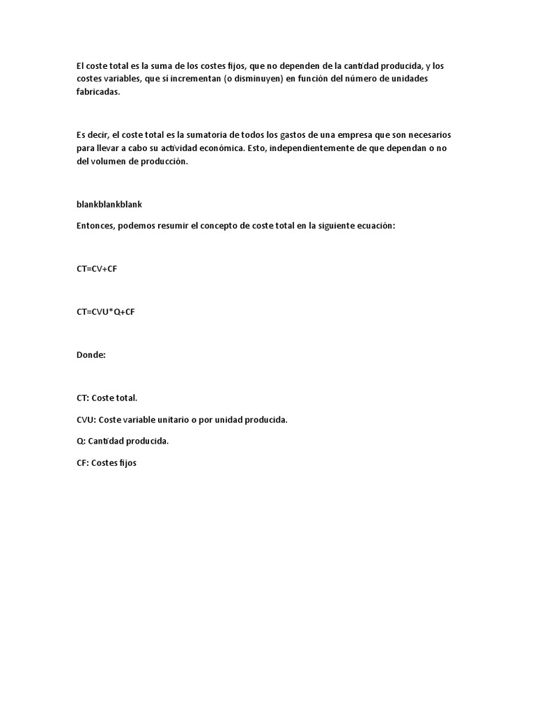 El Coste Total Es La Suma de Los Costes Fijos | PDF | Negocios ...
