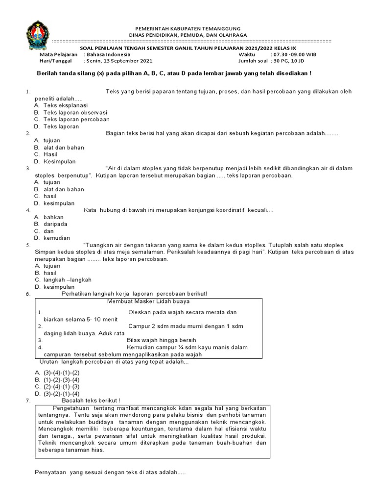 Soal PTS Ganjil 2021 September Kelas IX | PDF | Karier & Perkembangan