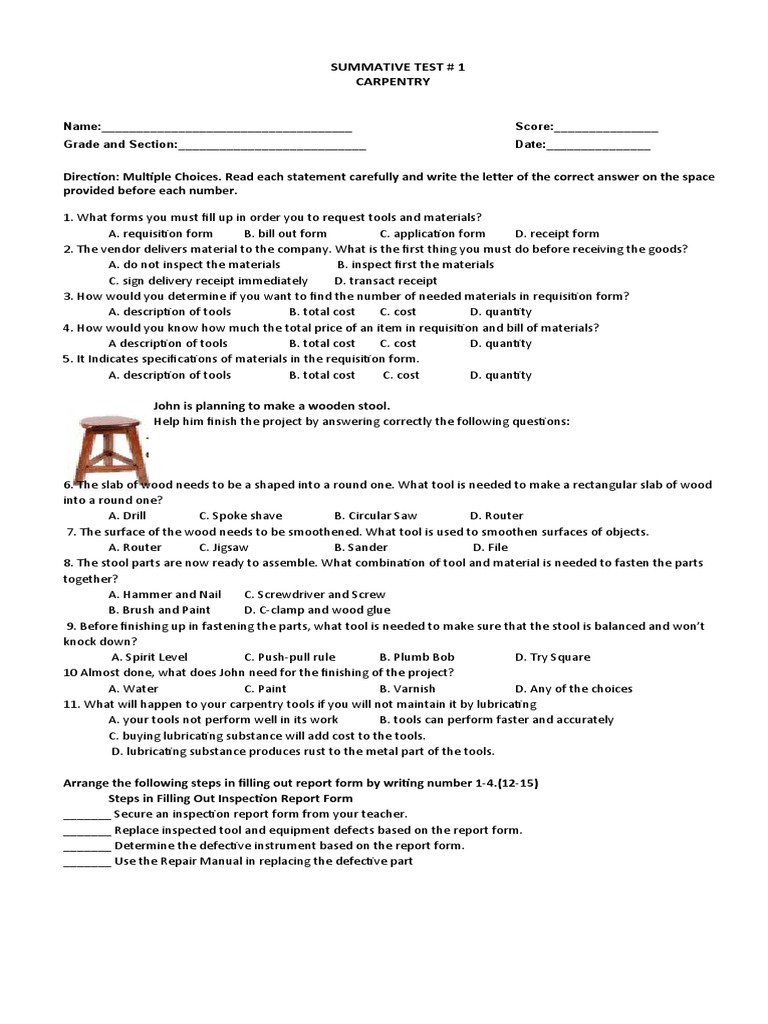 Summative Test # 1 Carpentry | PDF | Multiple Choice | Secondary Sector ...