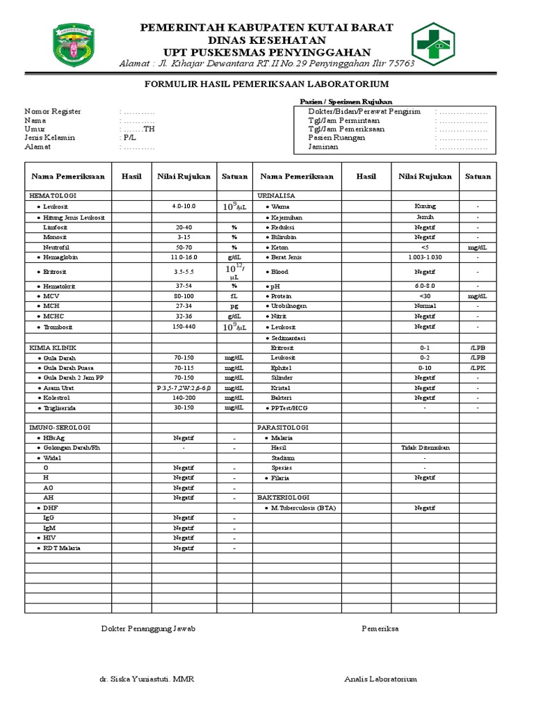 Blanko Hasil Laboratorium (PUSKESMAS) | PDF