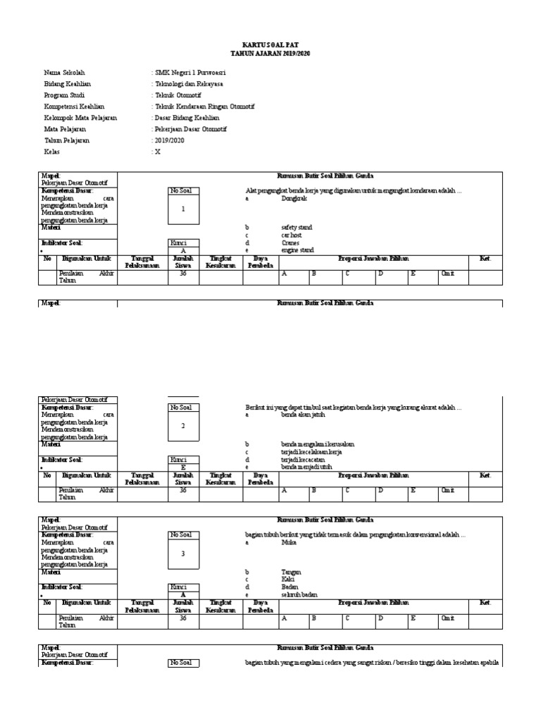 KARTU SOAL PAT - Genap - X - Tkro - PDO | PDF