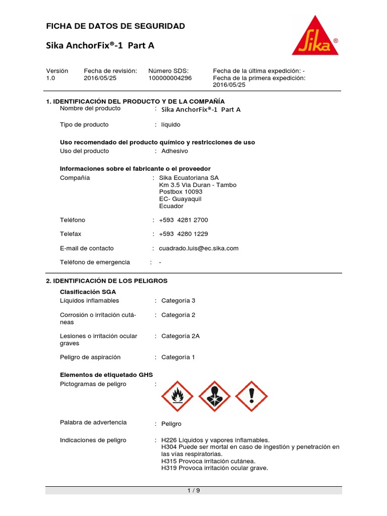 Sika Anchorfix 1 MSDS | PDF | Agua | Residuos