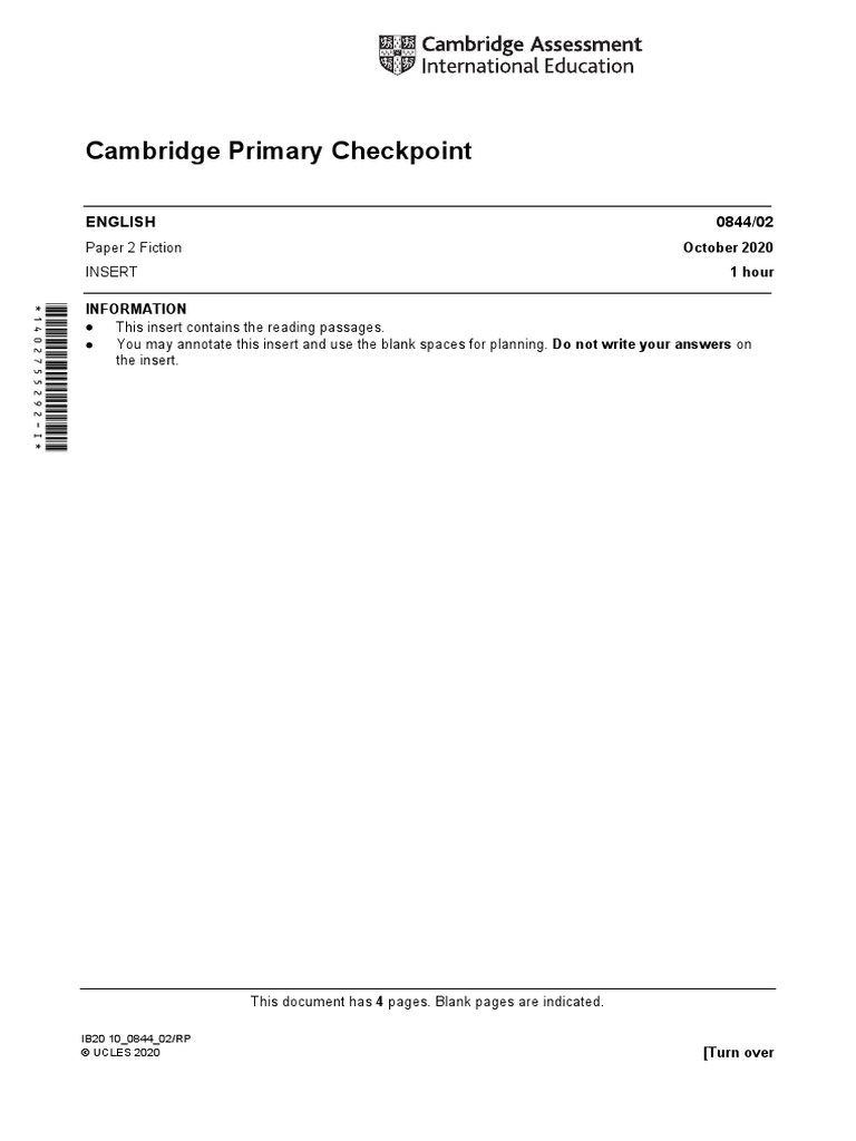 Cambridge Primary Checkpoint - English (0844) October 2020 Paper 2 ...