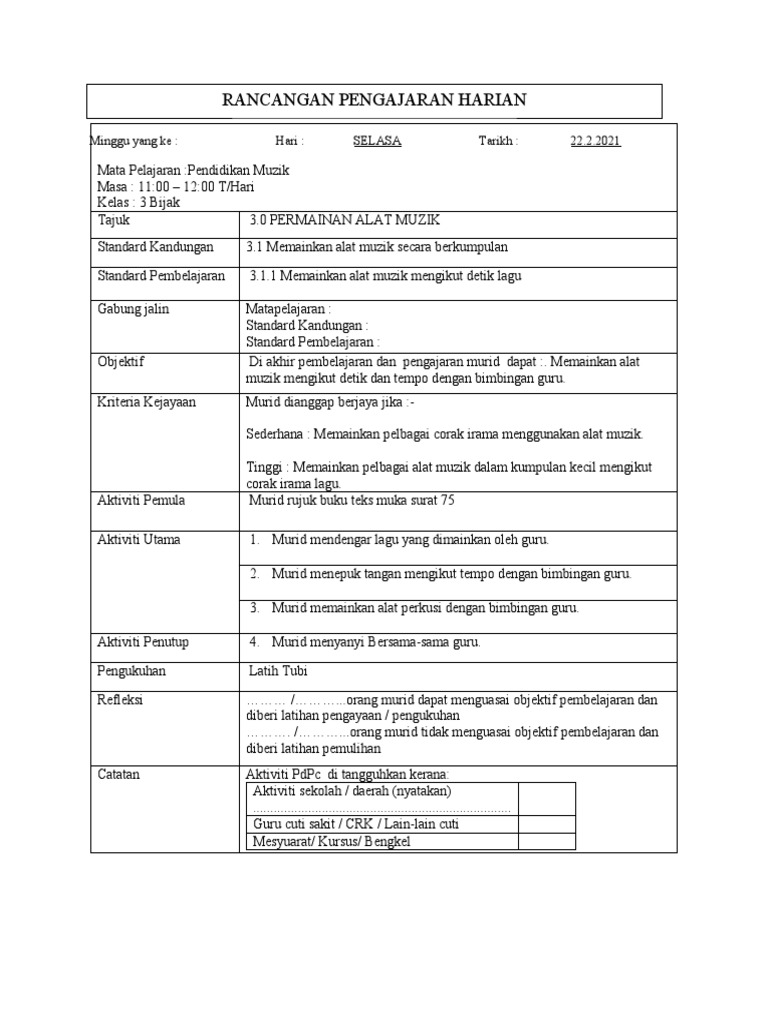 RPH Muzik Tahun 3 | PDF