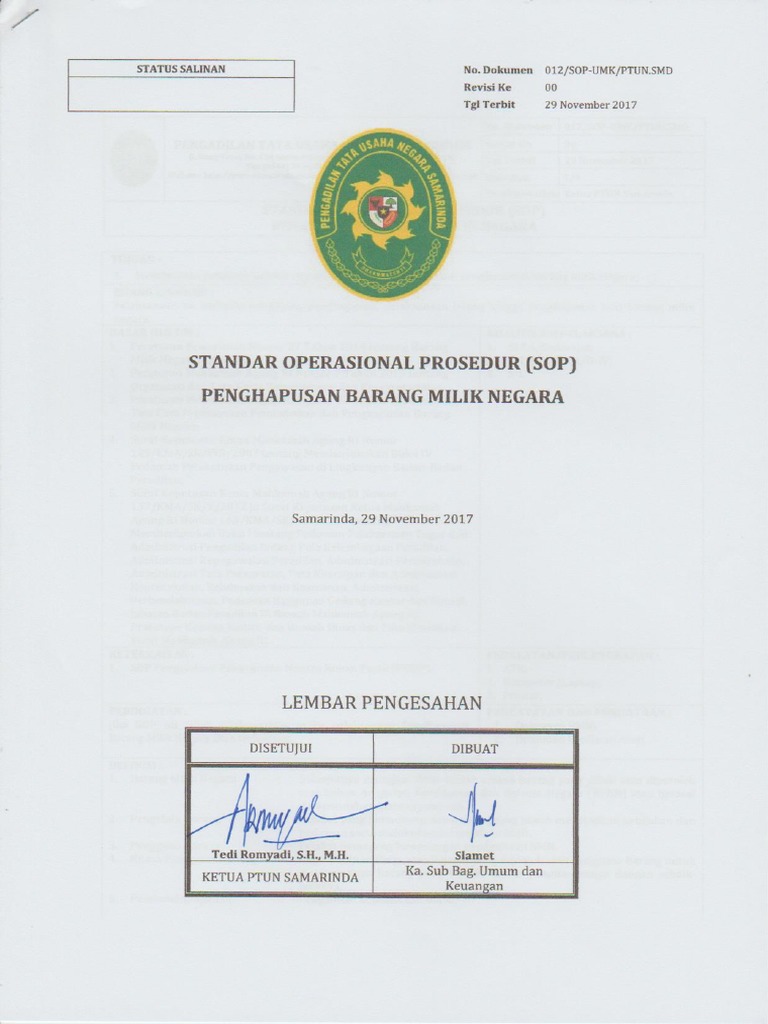 Standar Operasional Prosedur (Sop) Penghapusan Barang Milik Negara | PDF