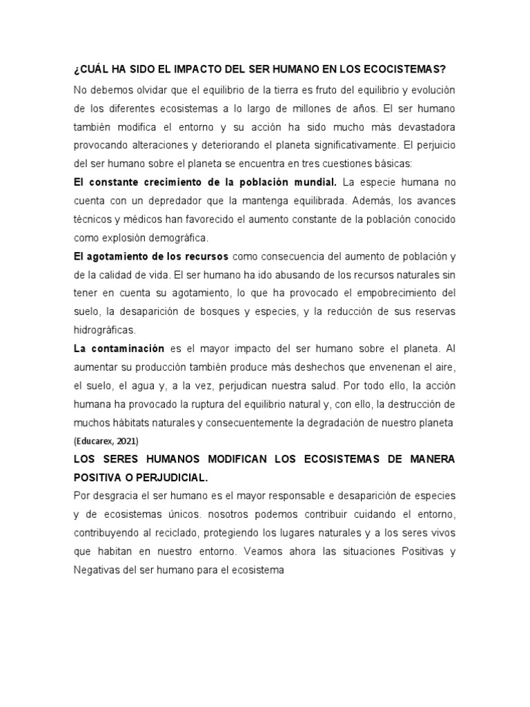 Impacto Del Ser Humano en El Ecocistema | PDF | Deforestación | Ecosistema
