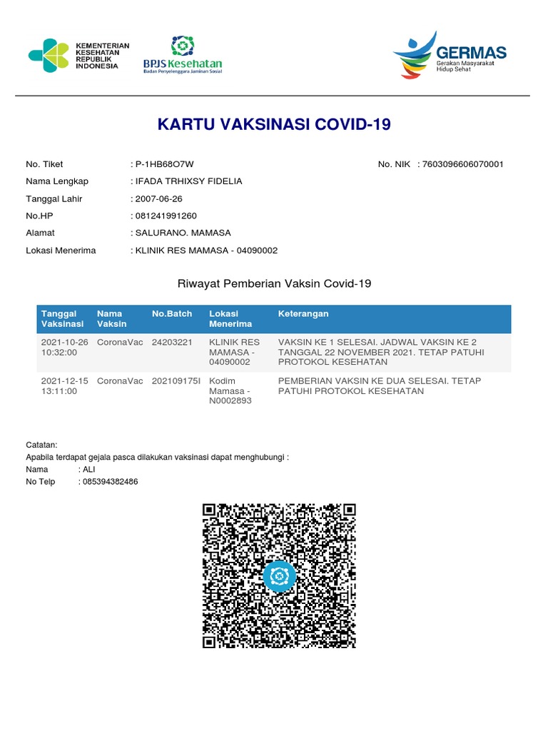 Kartu Vaksinasi COVID-19 IFADA FIDELIA | PDF