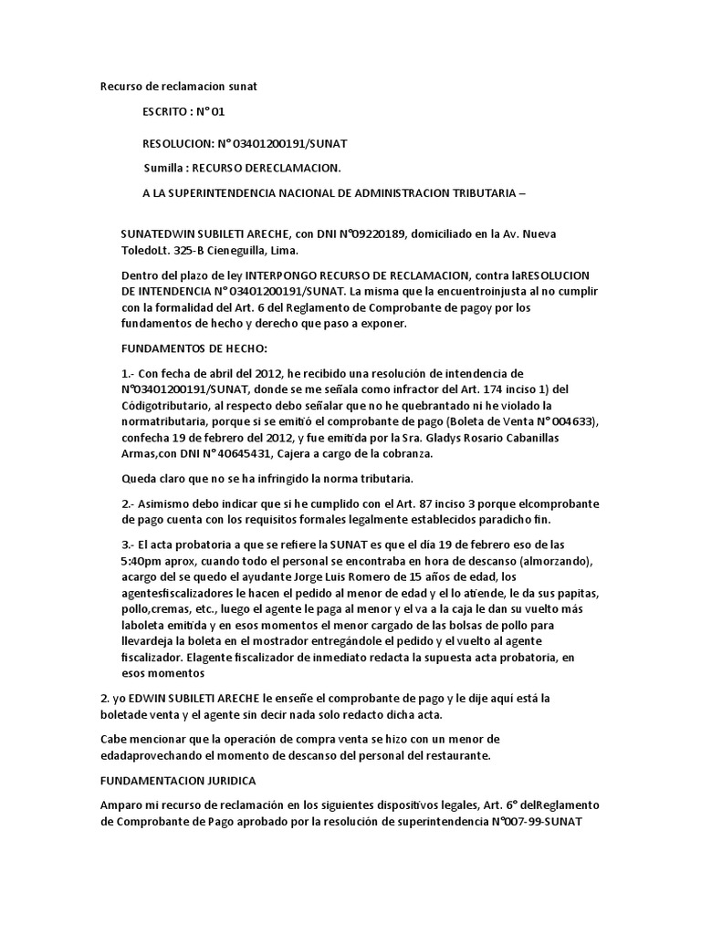 Recurso de Reclamacion Sunat | Descargar gratis PDF | Justicia | Crimen y violencia