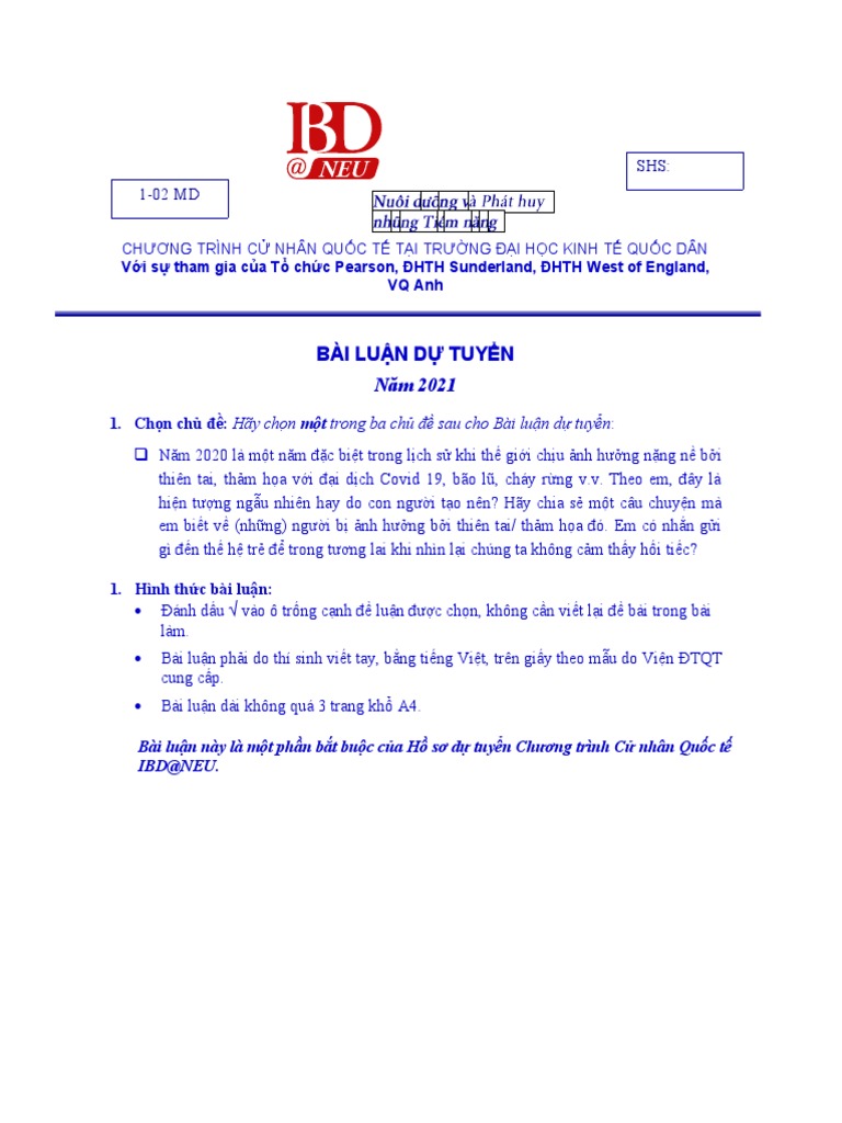 BÀI LUẬN THI TUYỂN IDB NEU 2021 | PDF