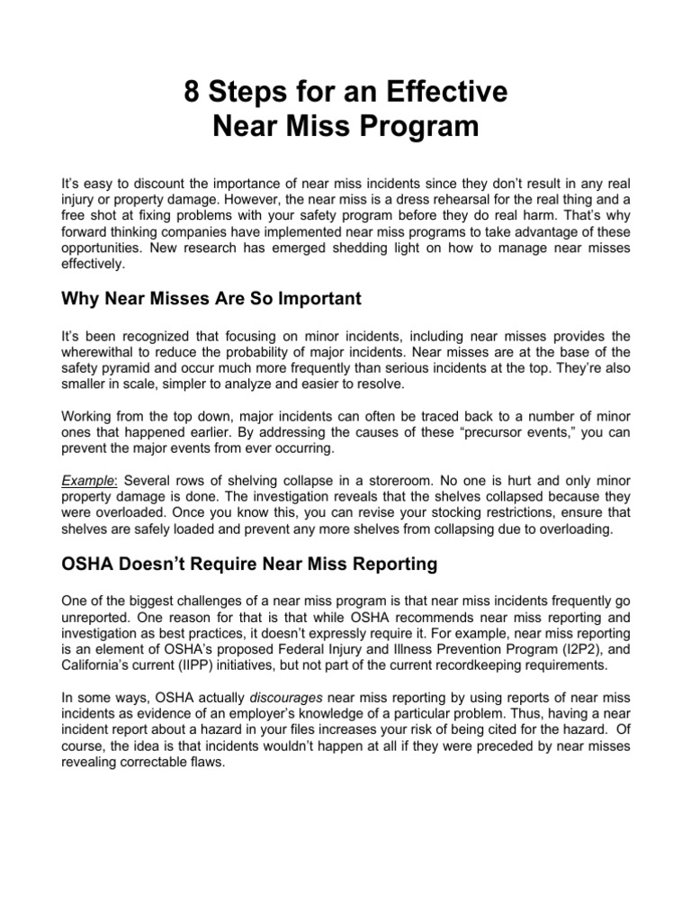 8 Steps For A Near Miss Program | PDF | Occupational Safety And Health ...