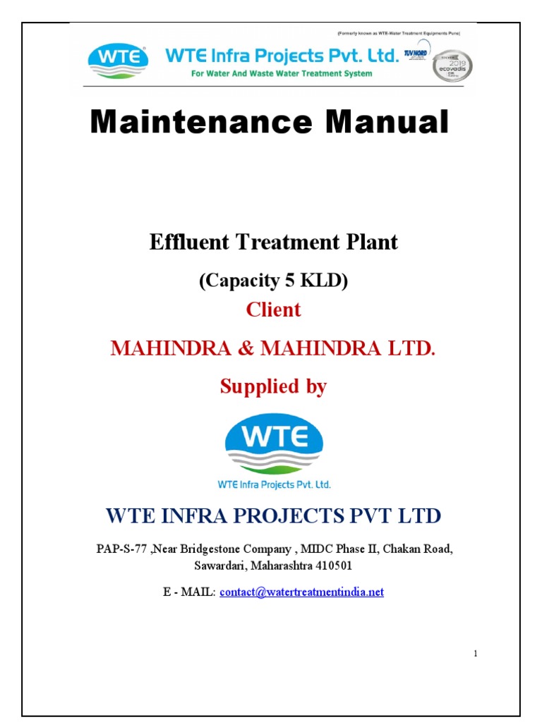 Operation and Maintenance Manual: Effluent Treatment Plant | PDF | Sewage Treatment | Electric Motor