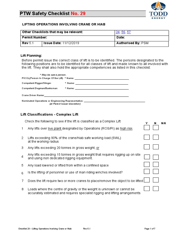 Checklist 29 Lifting Operations Involving Crane or Hiab Onshore 2 | PDF ...