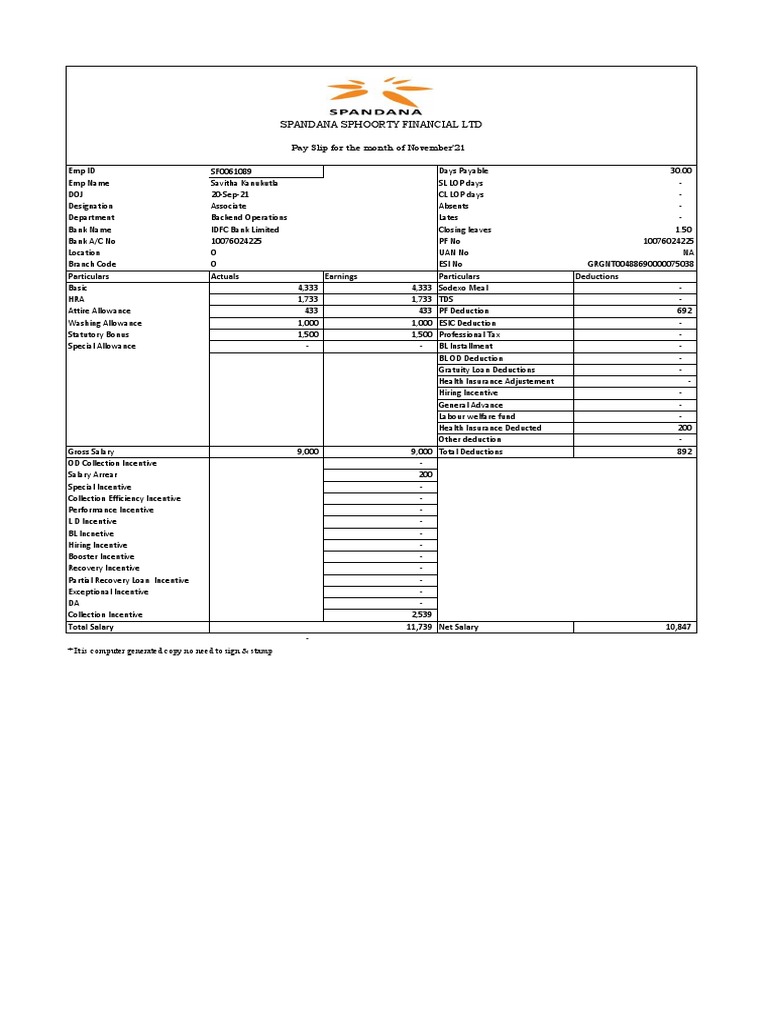 November 2021 Salary Slip - Spandana | PDF | Business | Taxation