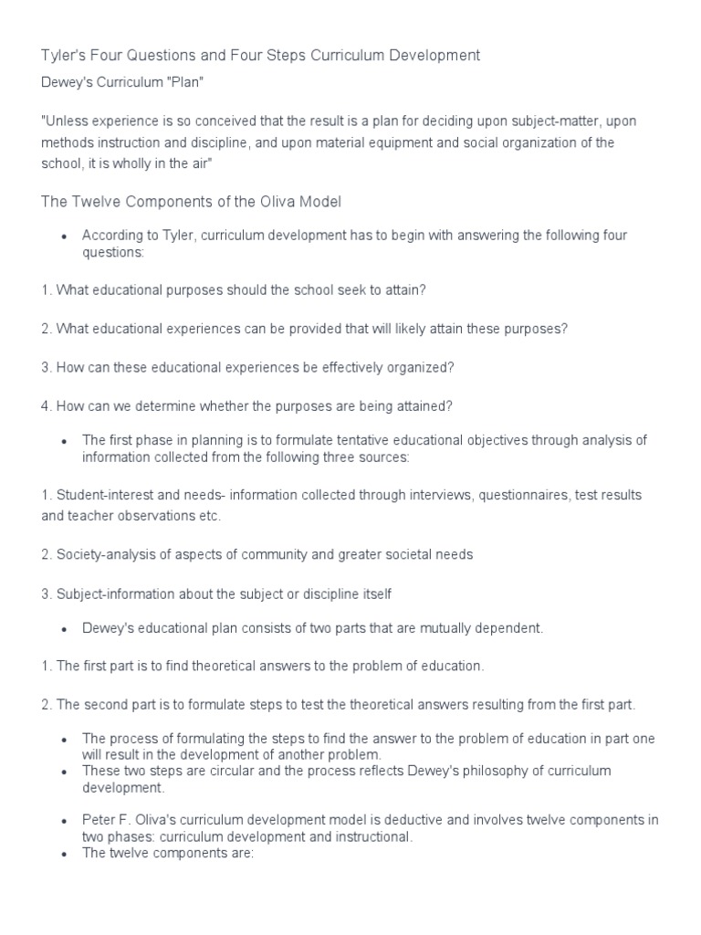 Tyler's Four Questions Curriculum Model | PDF | Curriculum | John Dewey