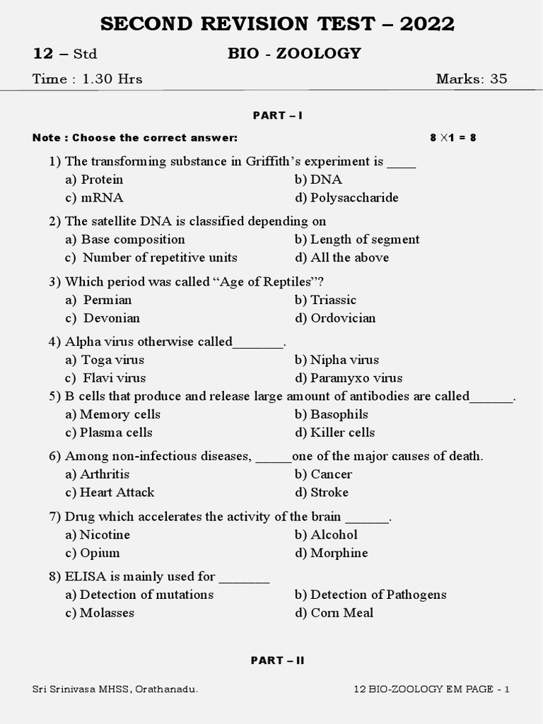 12 - Bio - Zoology: Part - I Note: Choose The Correct Answer: 8 X1 8 ...