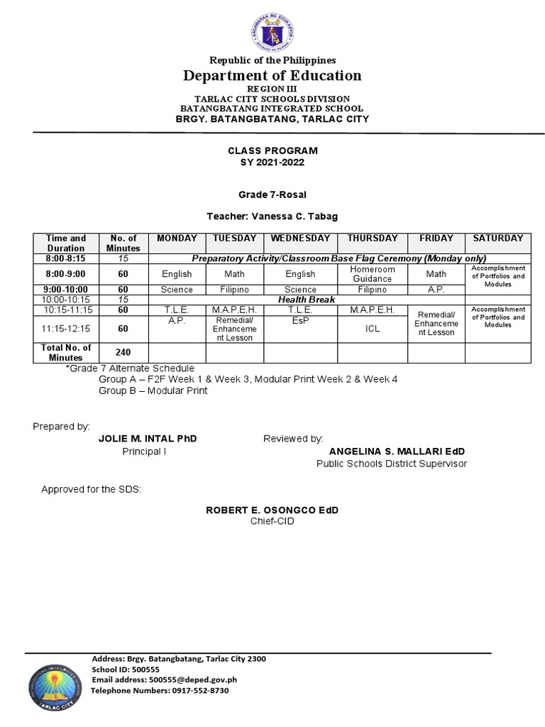 CLASS-PROGRAM-BBIS-JHS-2021.edited Jan 27 2022 | PDF | Educational ...