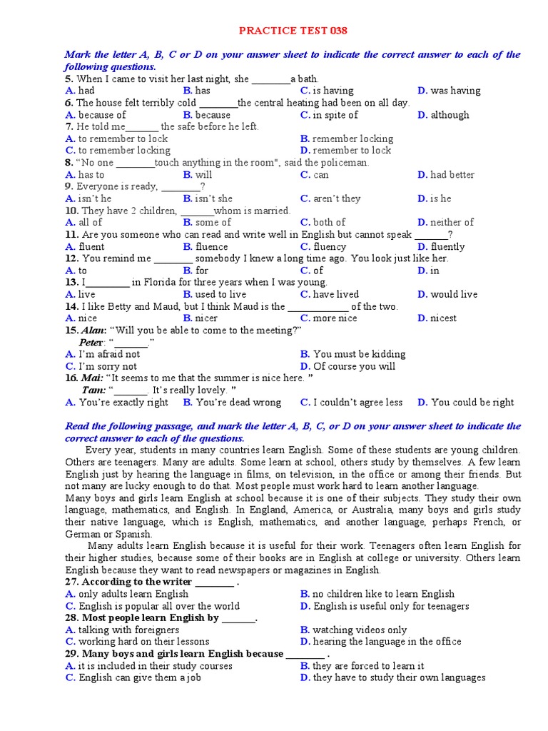 Đề luyện thi vào lớp 10 môn anh PRACTICE TEST 038.2020 | PDF | English ...