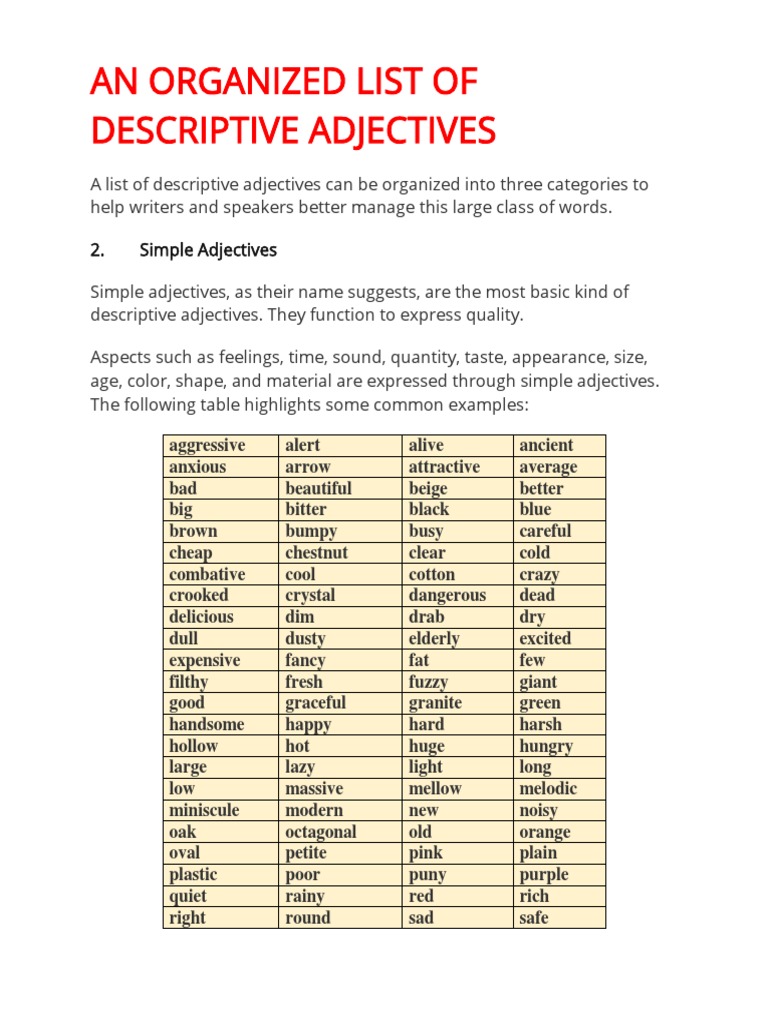 An Organized List of Descriptive Adjectives | PDF | Adjective | Noun