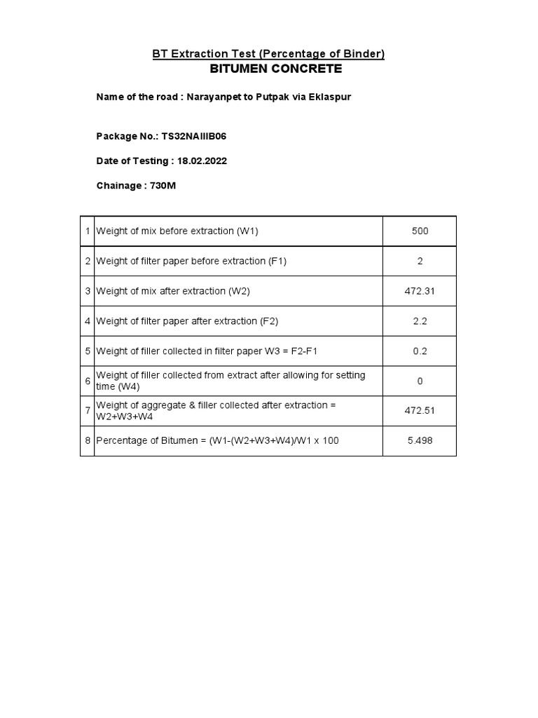 Bitumen Concrete: BT Extraction Test (Percentage of Binder) | PDF ...