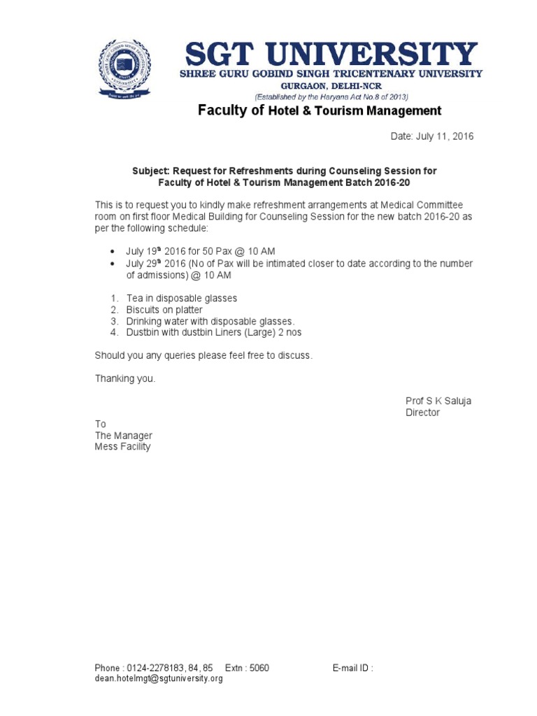 Request Letter To Mess For Refreshments On Conselling | PDF
