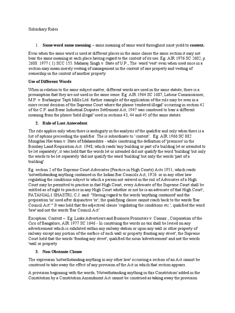 Notes - Subsidiary Rules | PDF | Statutory Interpretation | Will And ...