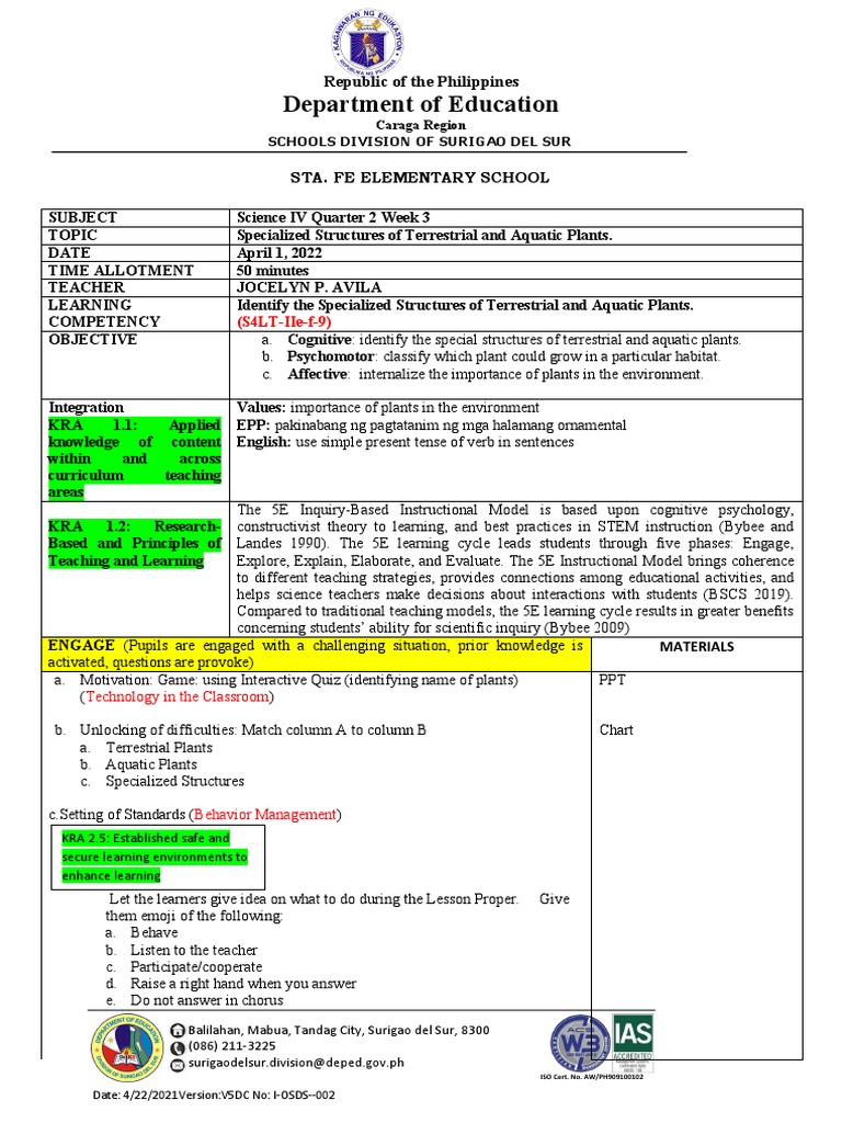 Specialized Structures of Terrestrial and Aquatic Plants: A 5E Inquiry ...