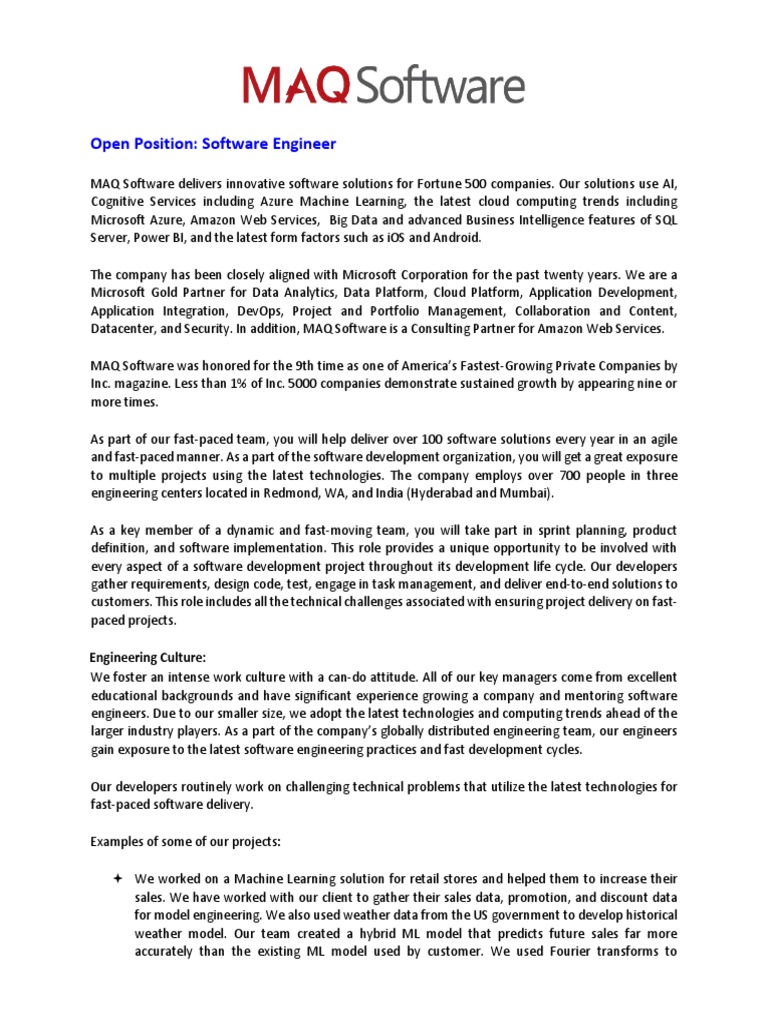 MAQ Software - Job Description - Software Engineer - SE1 | PDF | Microsoft Azure | Software