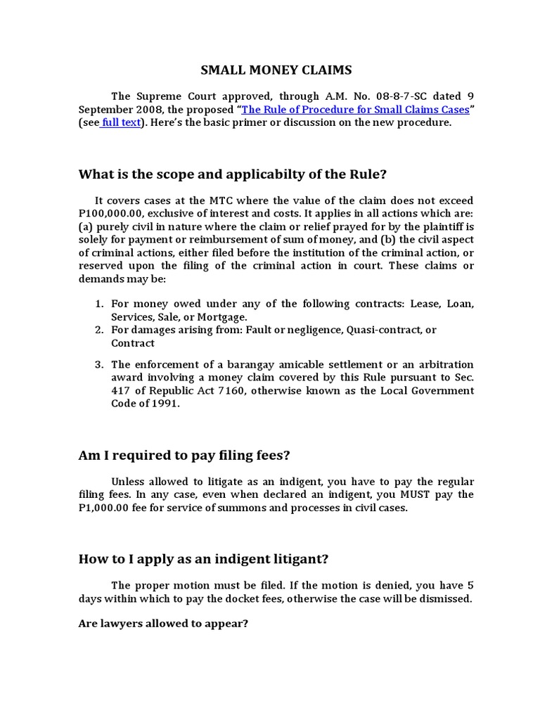 Small Money Claims | PDF | Lawsuit | Crime & Violence