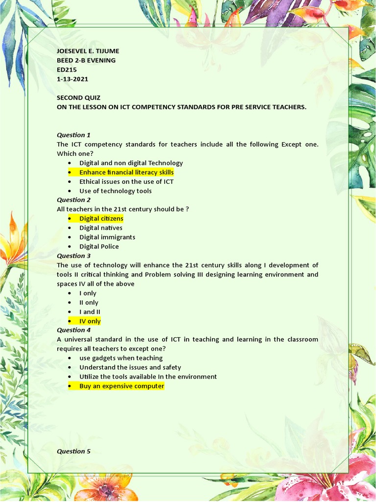 ICT Competency Standards Quiz for Teachers | PDF