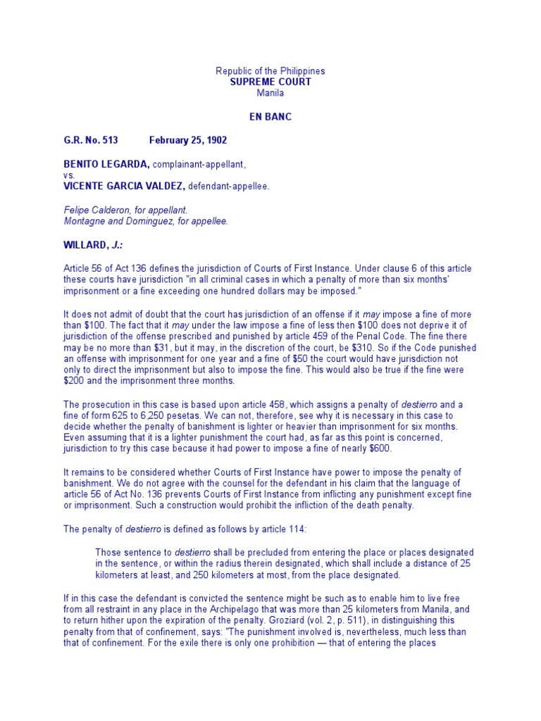 Supreme Court en Banc G.R. No. 513 February 25, 1902 BENITO LEGARDA ...