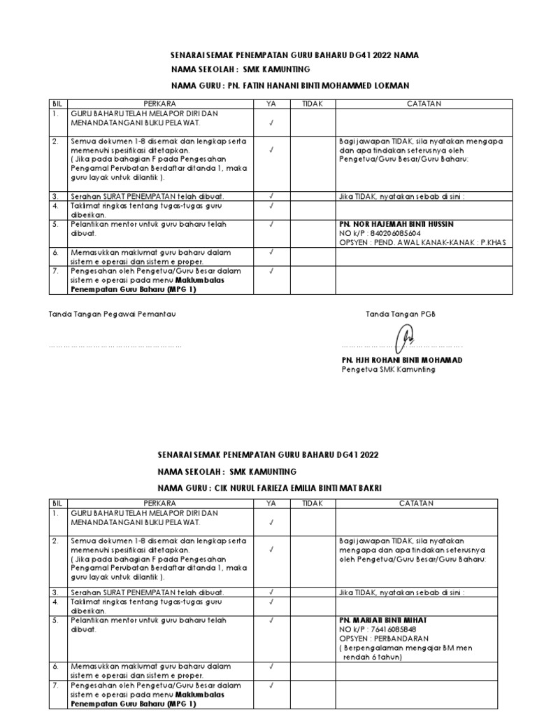 Senarai Semak Penempatan Guru Baharu DG41 | PDF