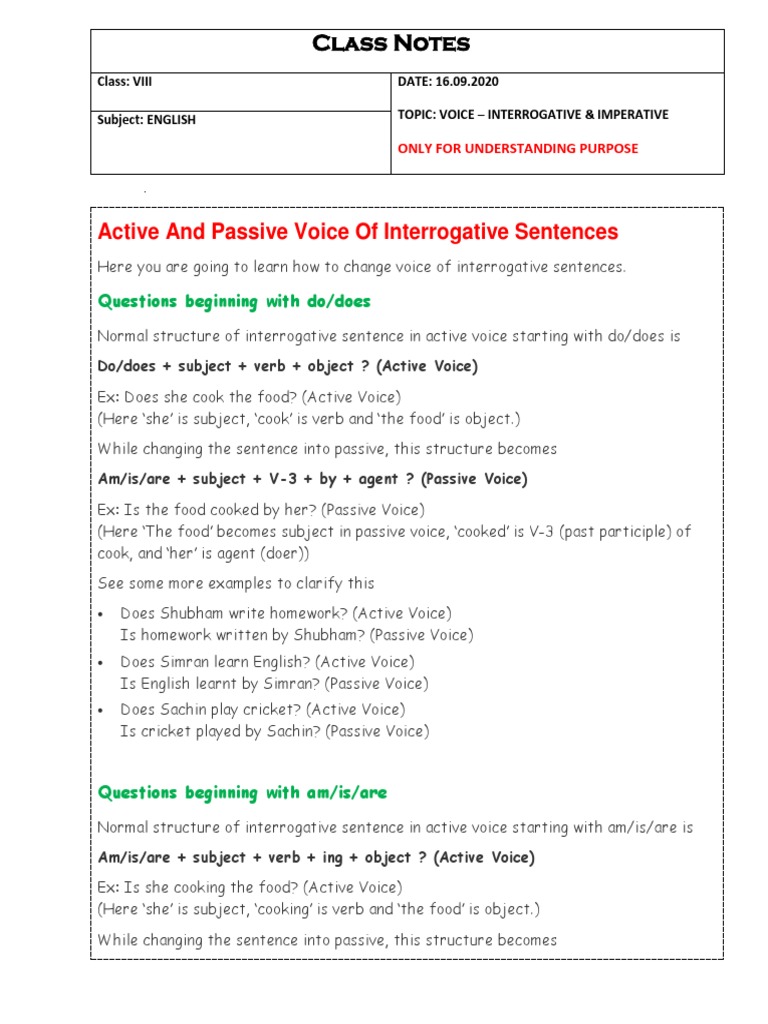 Class Notes: Active and Passive Voice of Interrogative Sentences | PDF ...