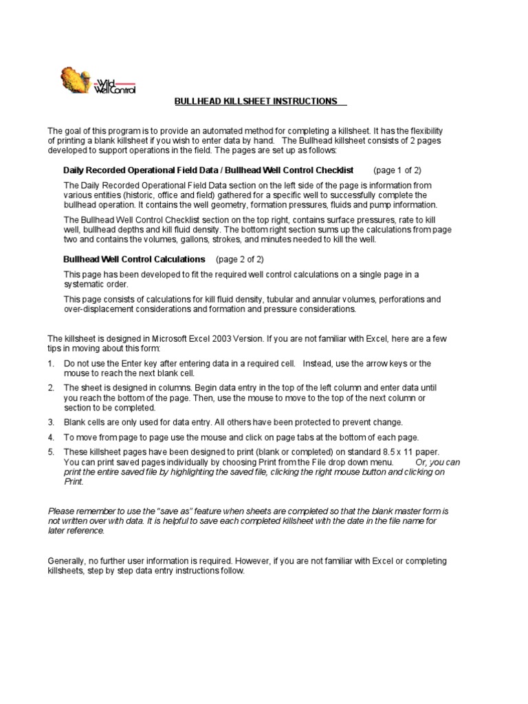 WWCI Kill Sheet Standard Bullhead | PDF