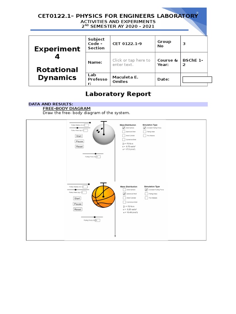 Experiment 4 Rotational Dynamics: Laboratory Report | PDF | Torque | Rotation Around A Fixed Axis