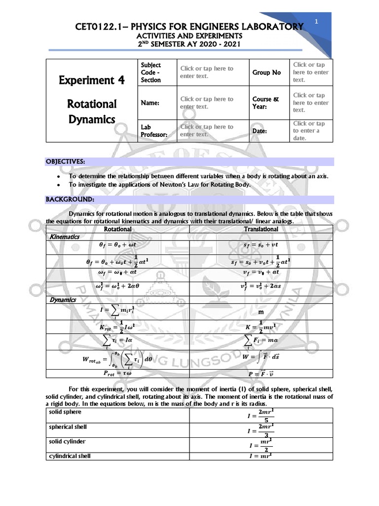 Experiment 4 Rotational Dynamics | PDF | Rotation Around A Fixed Axis ...