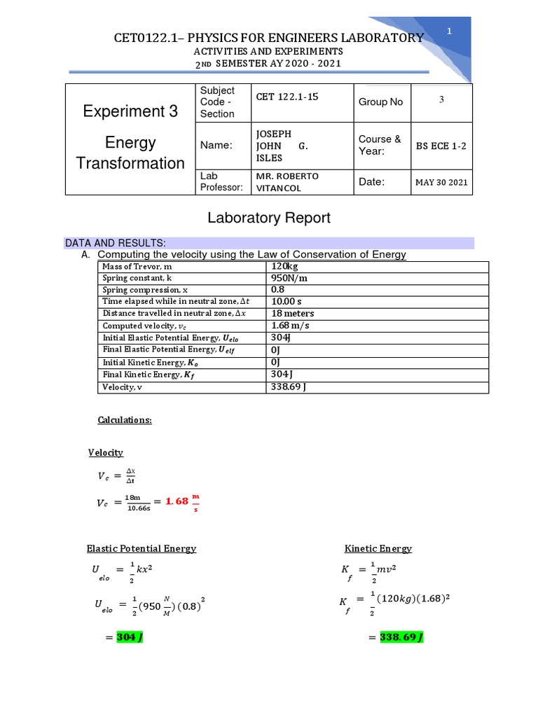 Experiment 3 Energy Transformation: Laboratory Report | PDF | Potential ...