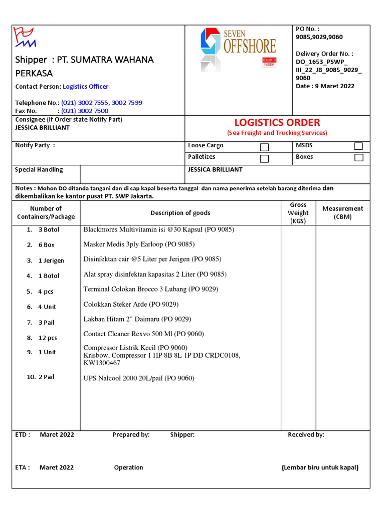 Logistics Order: (S Shipper: Pt. Sumatra Wahana Perkasa | PDF | Supply ...