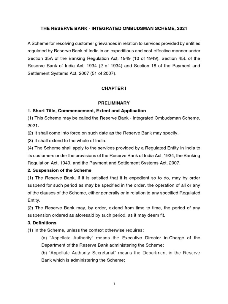 The Reserve Bank - Integrated Ombudsman Scheme, 2021 | PDF | Reserve ...