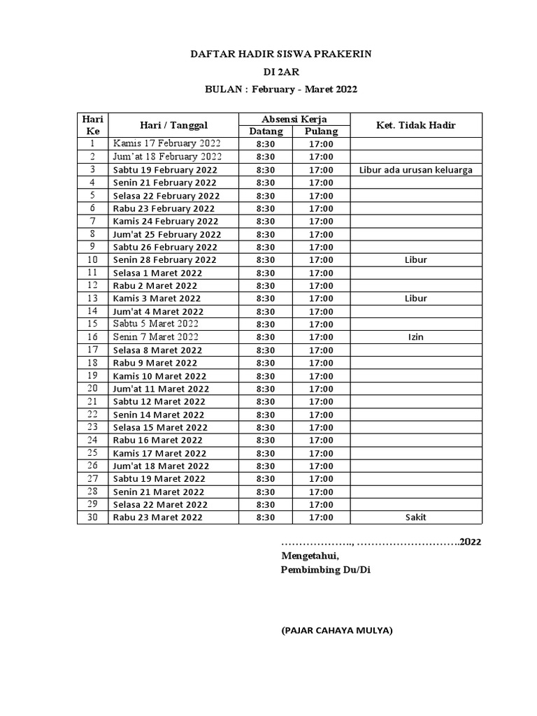 Contoh Absen Magang | PDF
