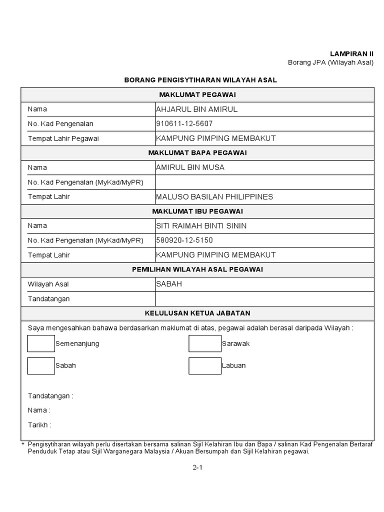 Lampiran II Borang Pengisytiharan Wilayah Asal | PDF